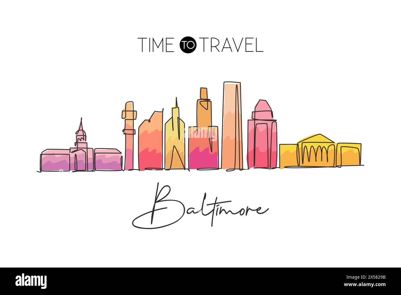 Single continuous line drawing Baltimore city skyline, United States of ...
