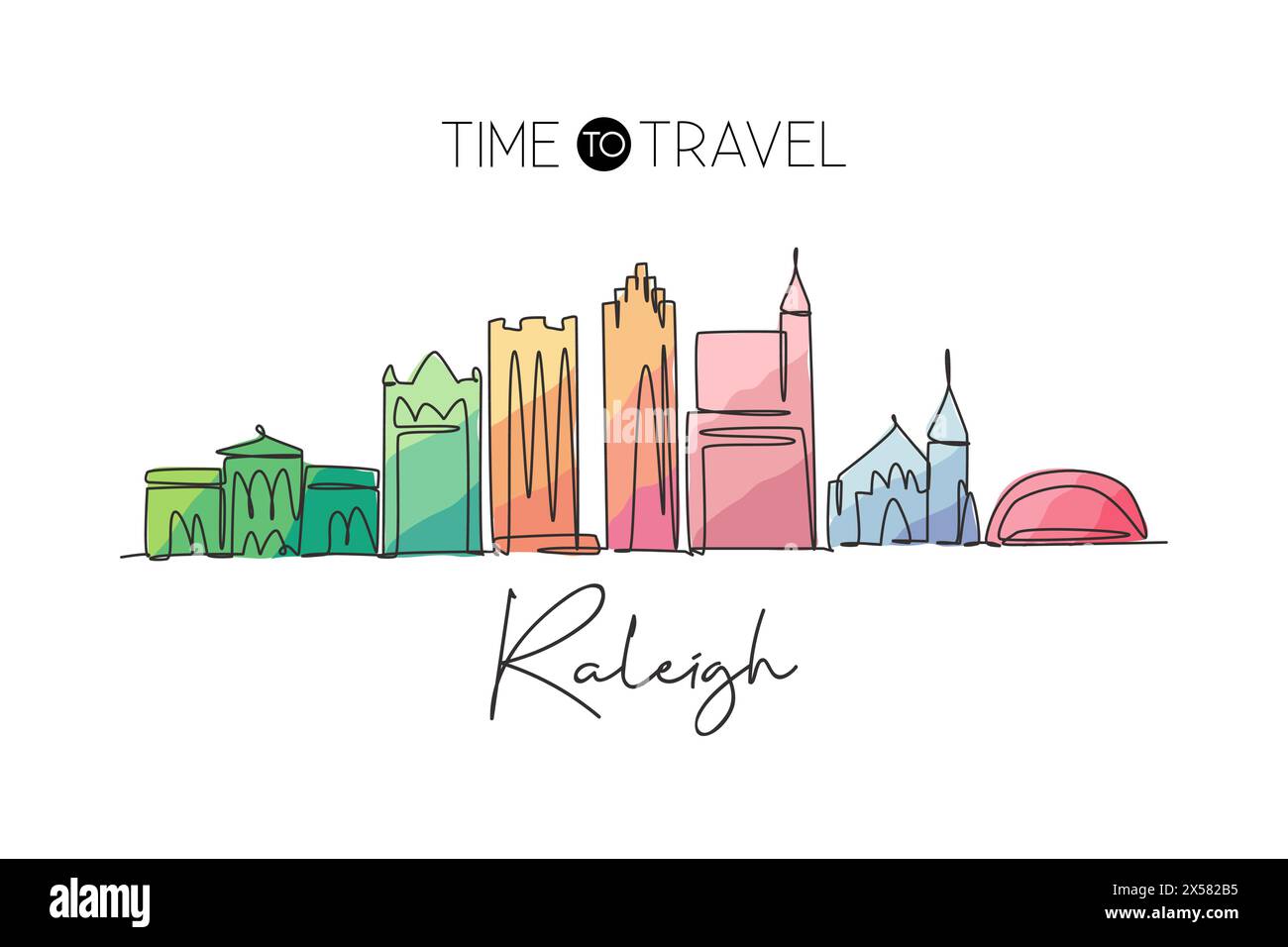 One continuous line drawing of Raleigh city skyline, USA. Beautiful ...