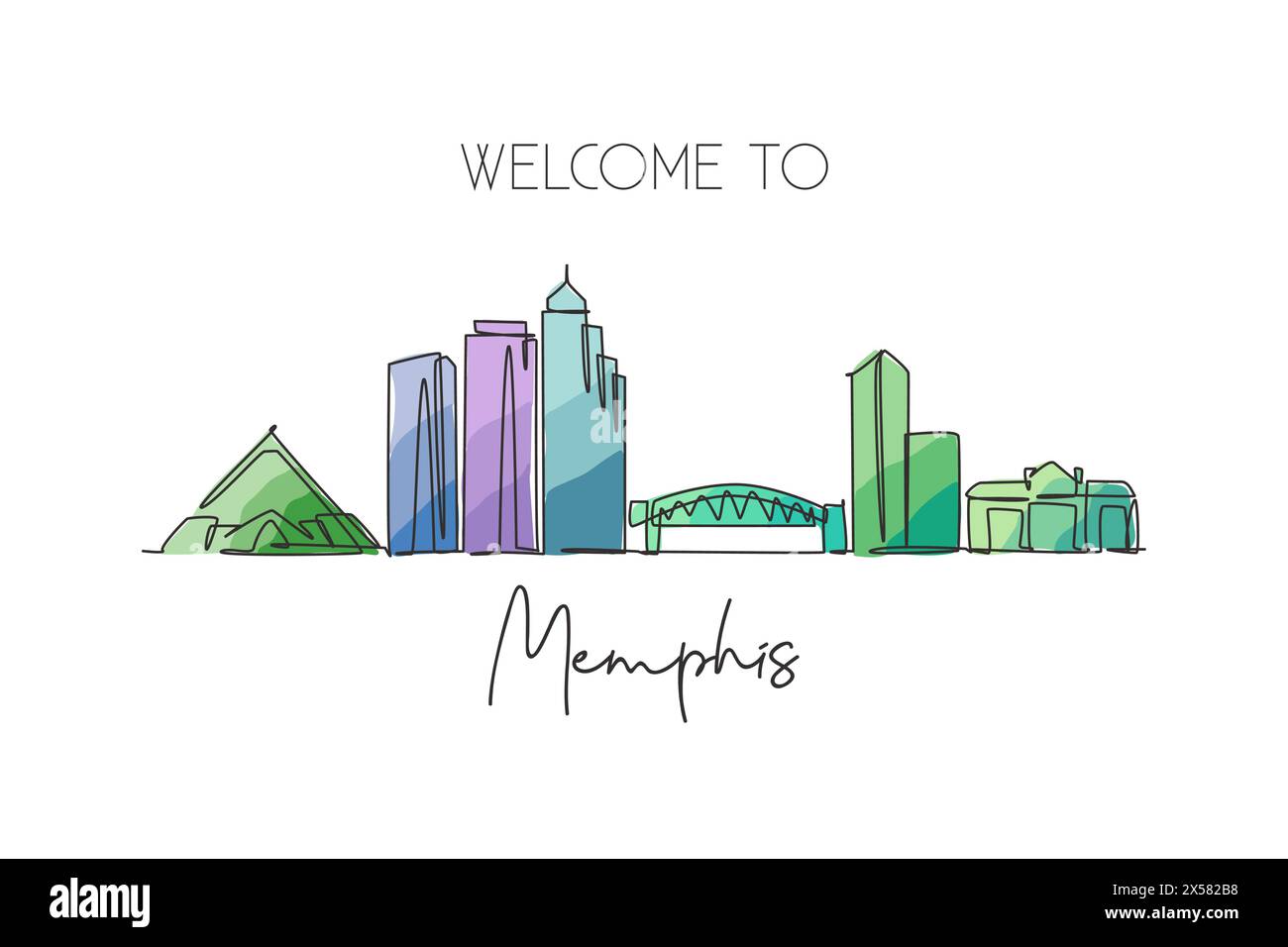 Single continuous line drawing of Memphis city skyline, USA. Famous ...