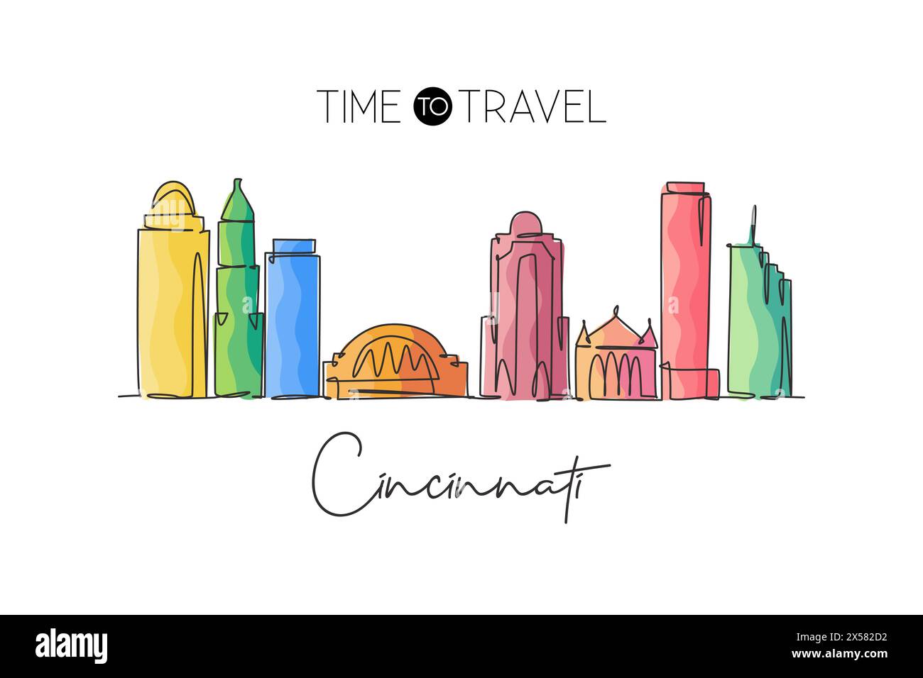 One continuous line drawing of Cincinnati city skyline, Ohio. Beautiful ...