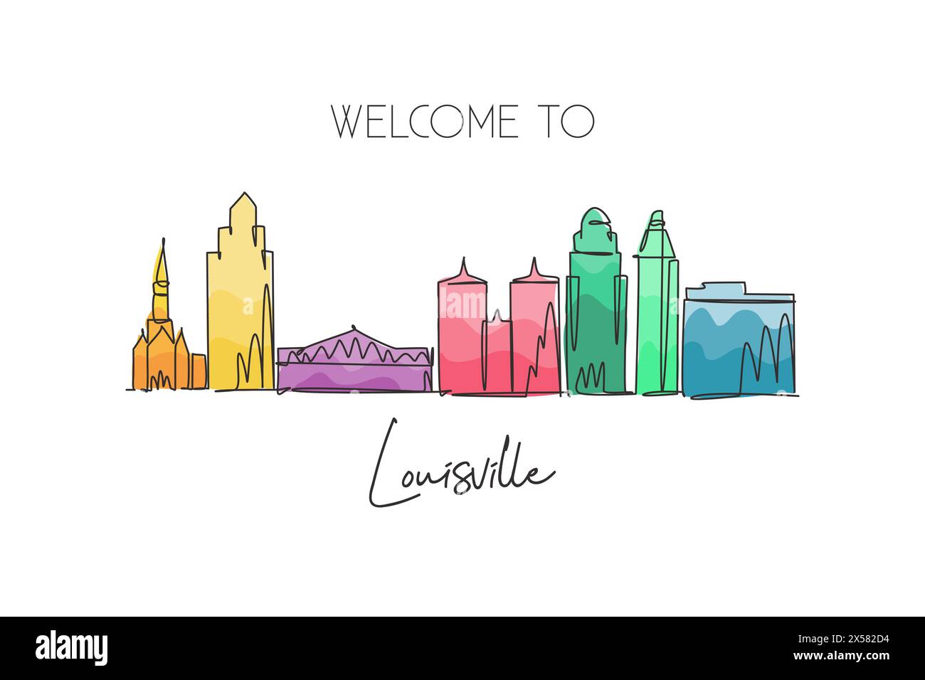 Single continuous line drawing Louisville city skyline, Kentucky ...