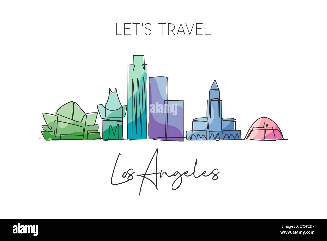 One single line drawing of Los Angeles city skyline, USA. Historical ...