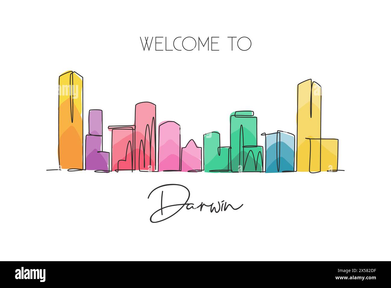 One continuous line drawing of Darwin city skyline, Australia ...
