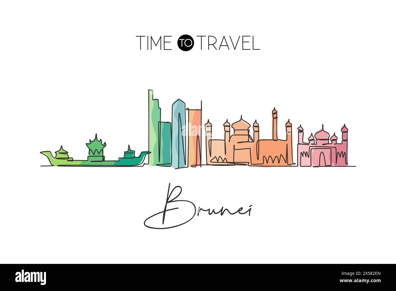 Single continuous line drawing of Bandar Seri Begawan city skyline ...