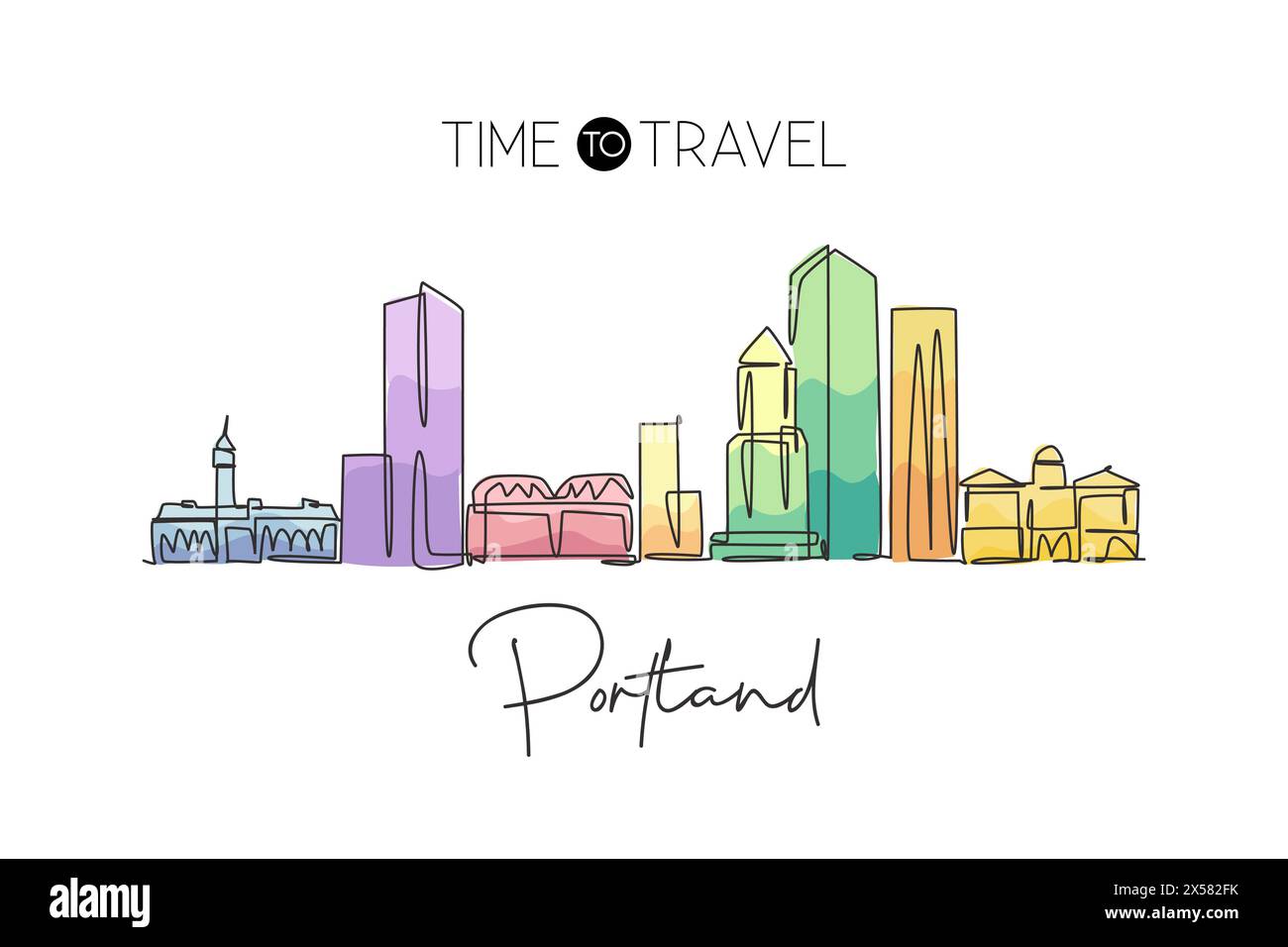 One single line drawing of Portland city skyline United States ...