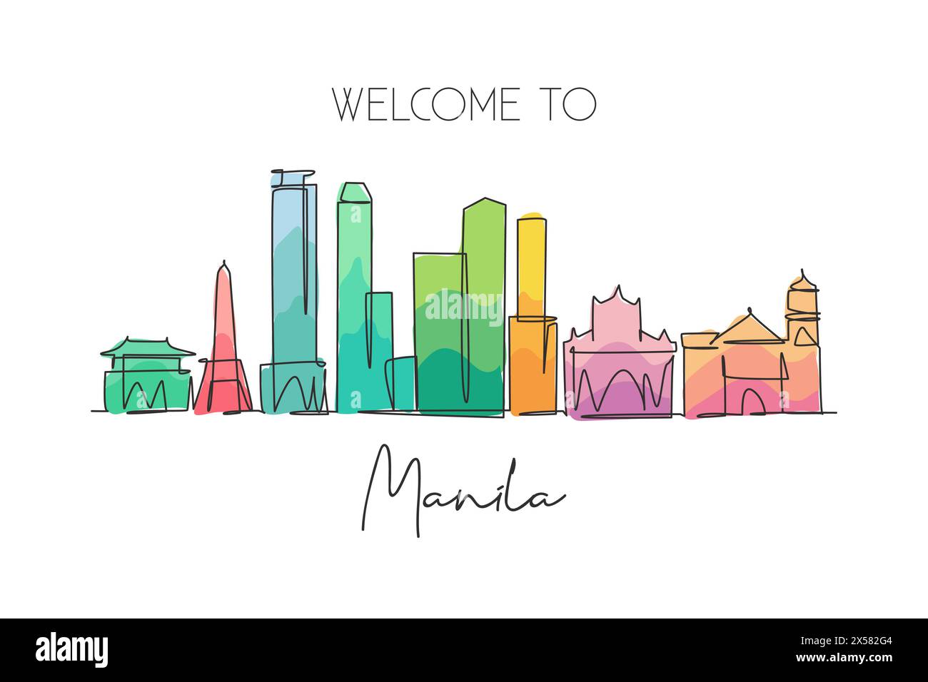 One single line drawing of Manila city skyline, Philippines. Historical ...