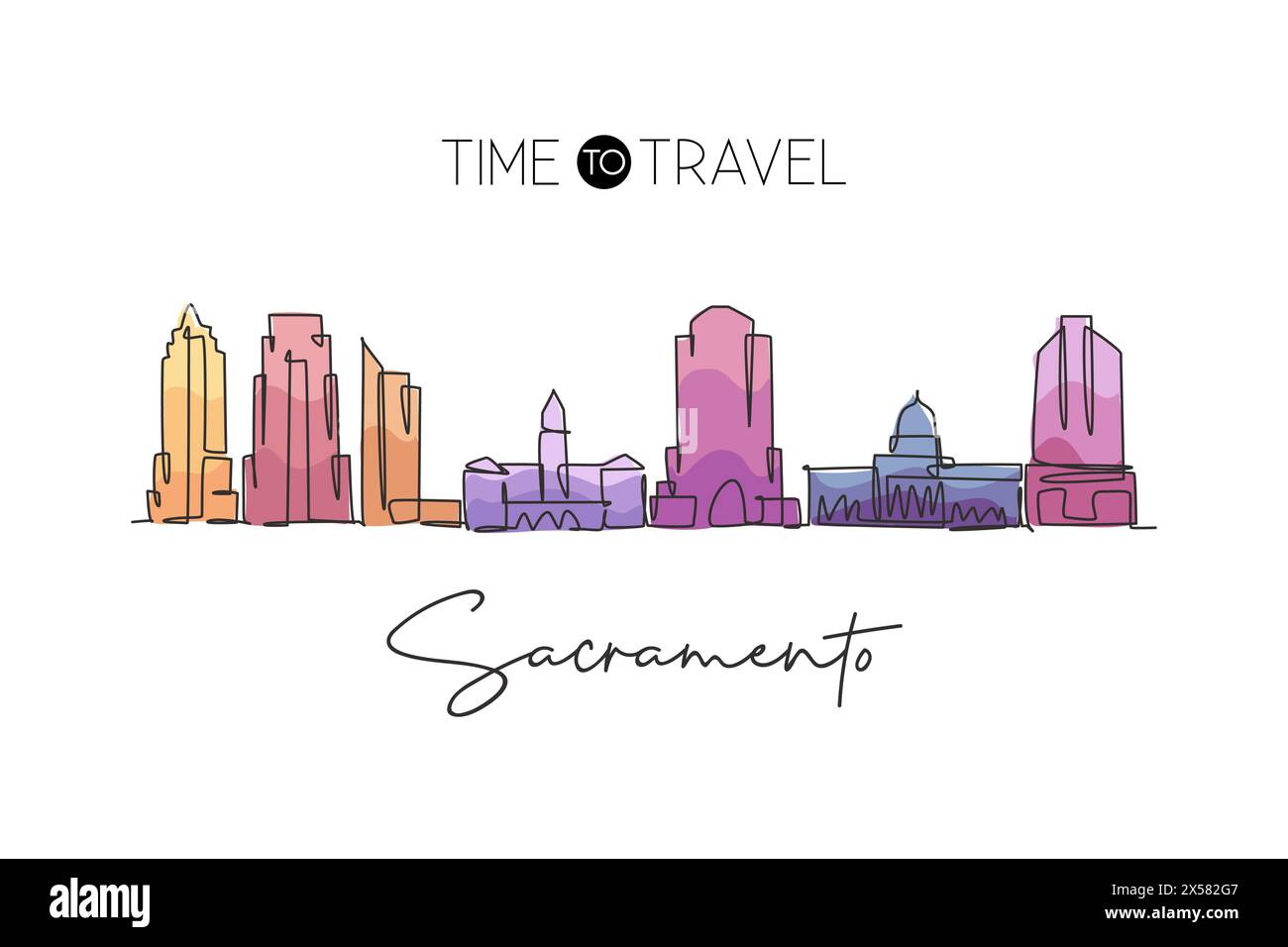 Single continuous line drawing of Sacramento city skyline, California ...