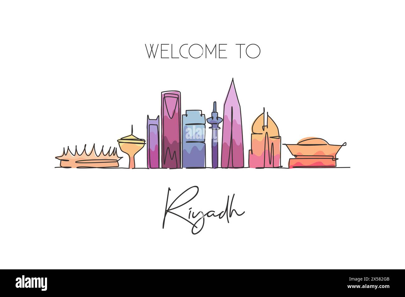 One continuous line drawing Riyadh city skyline, Saudi Arabia ...