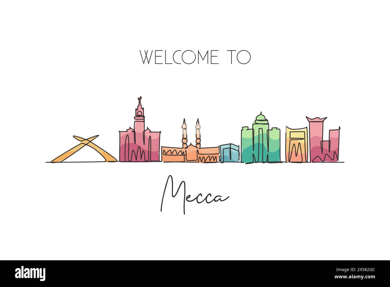 One continuous line drawing Mecca city skyline, Saudi Arabia. Beautiful ...