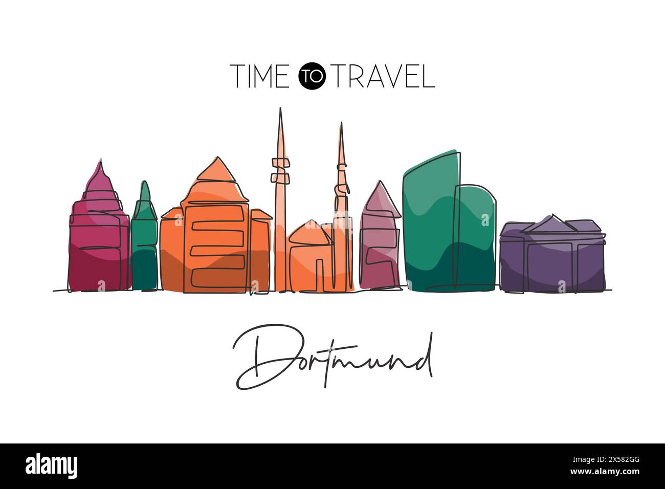 Single continuous line drawing of Dortmund city skyline Germany. Famous ...