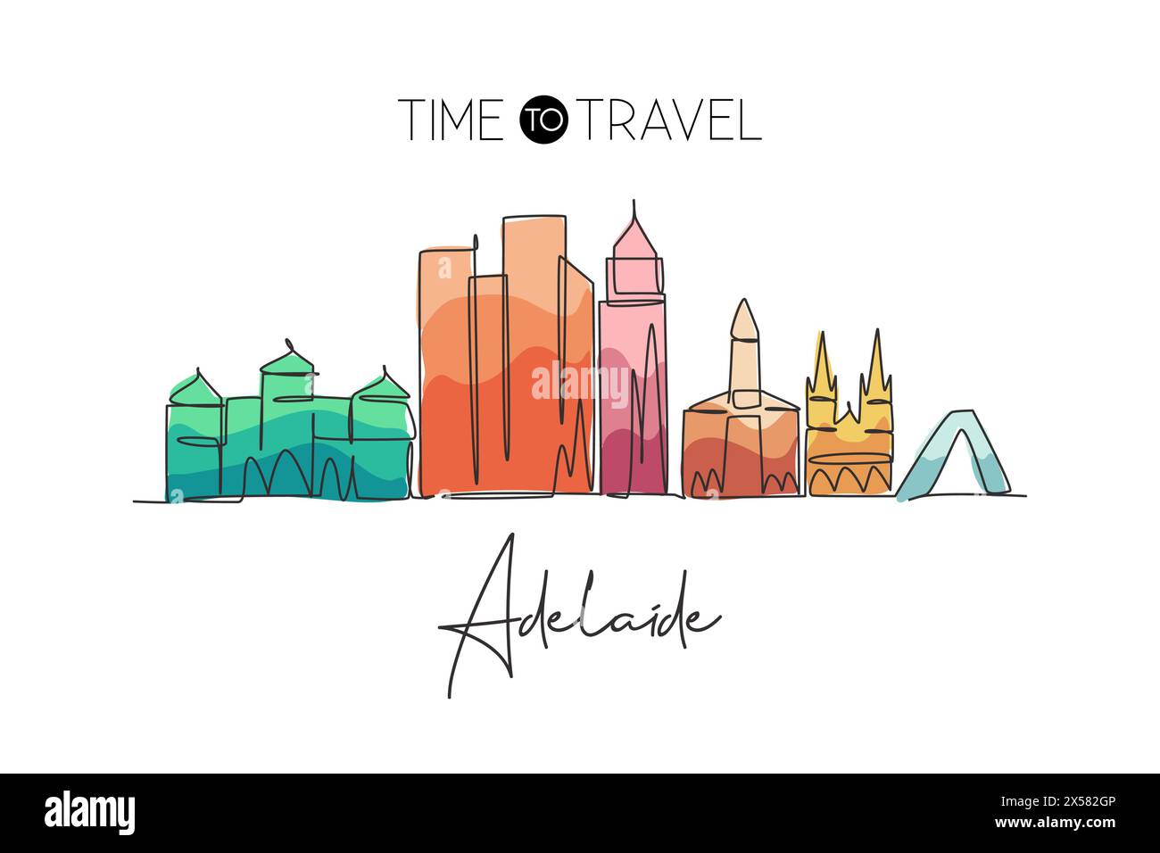 Single continuous line drawing of Adelaide city skyline Australia ...