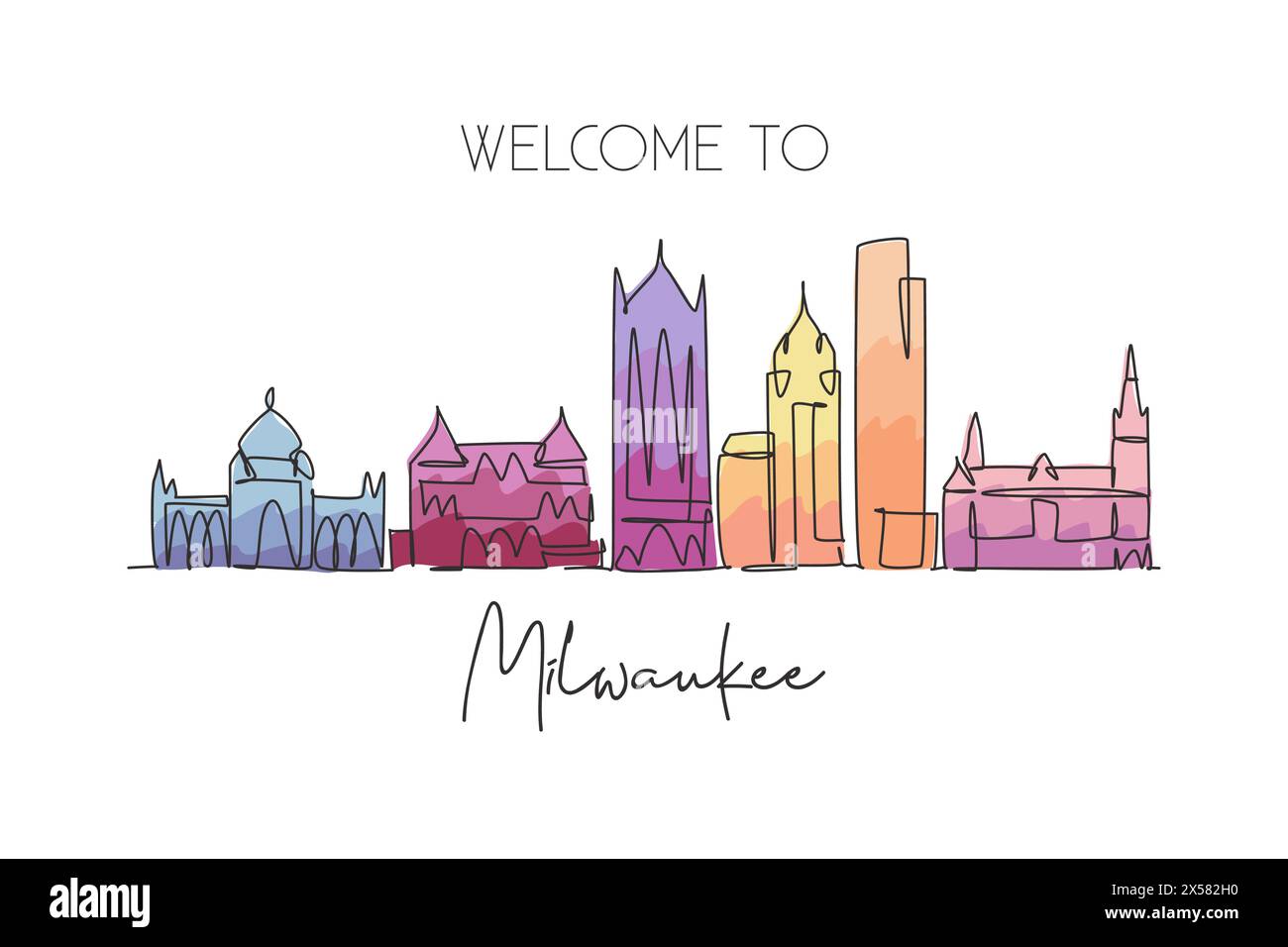 One single line drawing of Milwaukee city skyline, USA. Historical town ...
