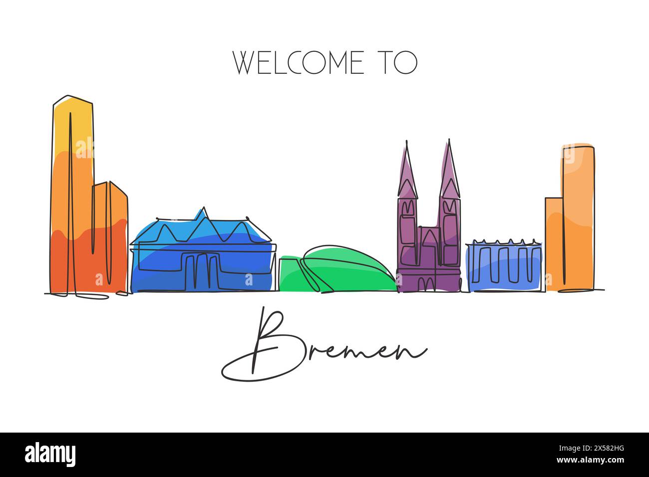 One continuous line drawing Bremen city skyline, Germany. Beautiful ...