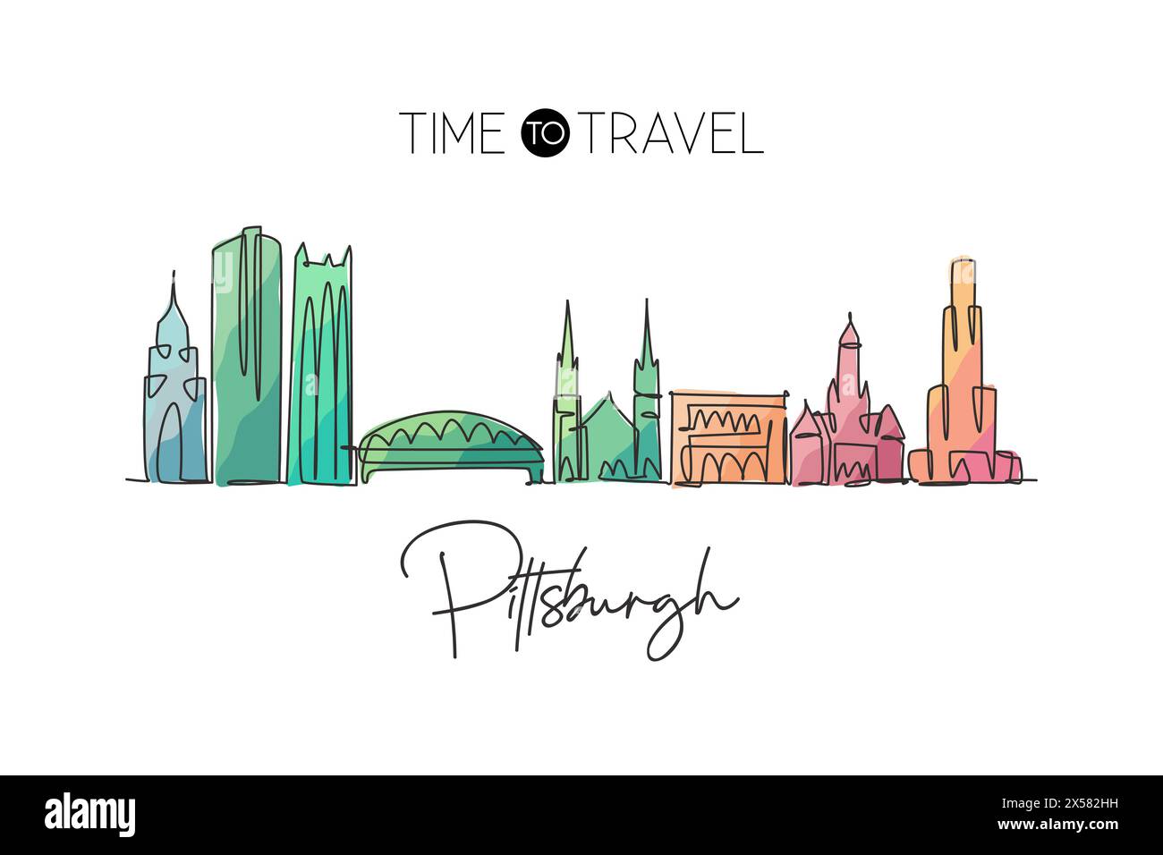Single continuous line drawing of Pittsburgh city skyline, Pennsylvania ...