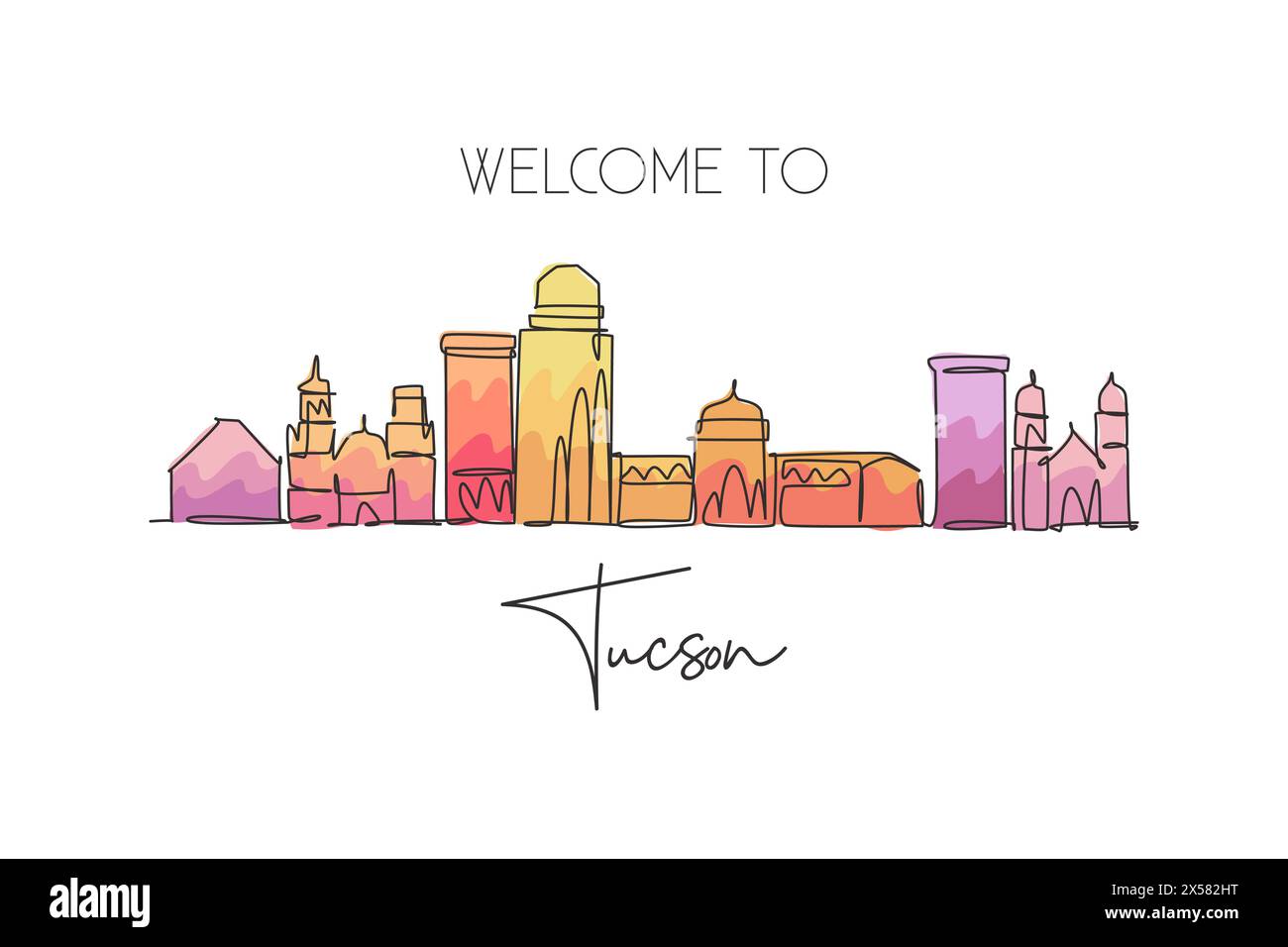 Single continuous line drawing of Tucson city skyline, Arizona. Famous ...