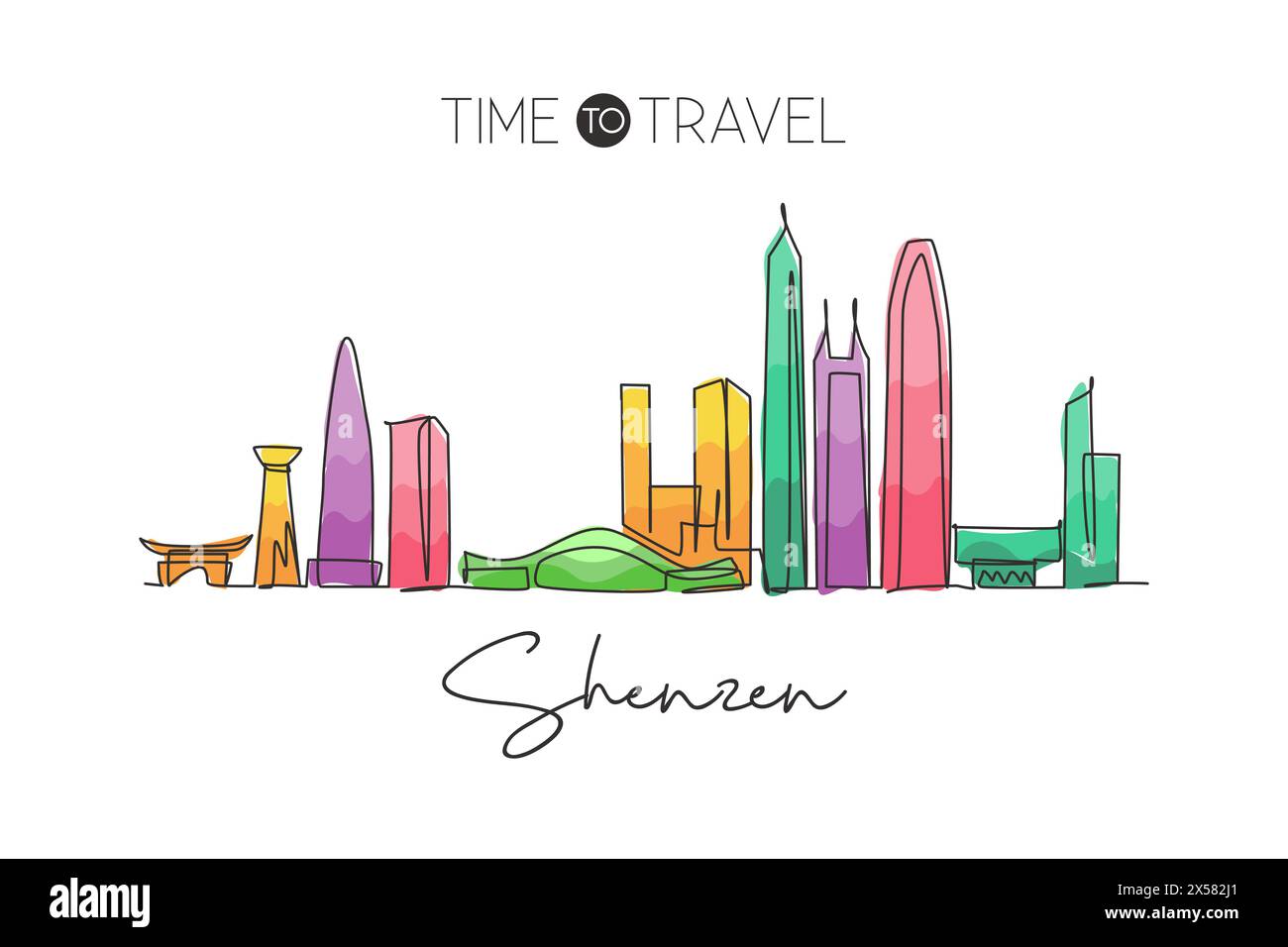 Single continuous line drawing Shenzhen city skyline, China. Famous ... Single continuous line drawing Shenzhen city skyline, China. Famous ...