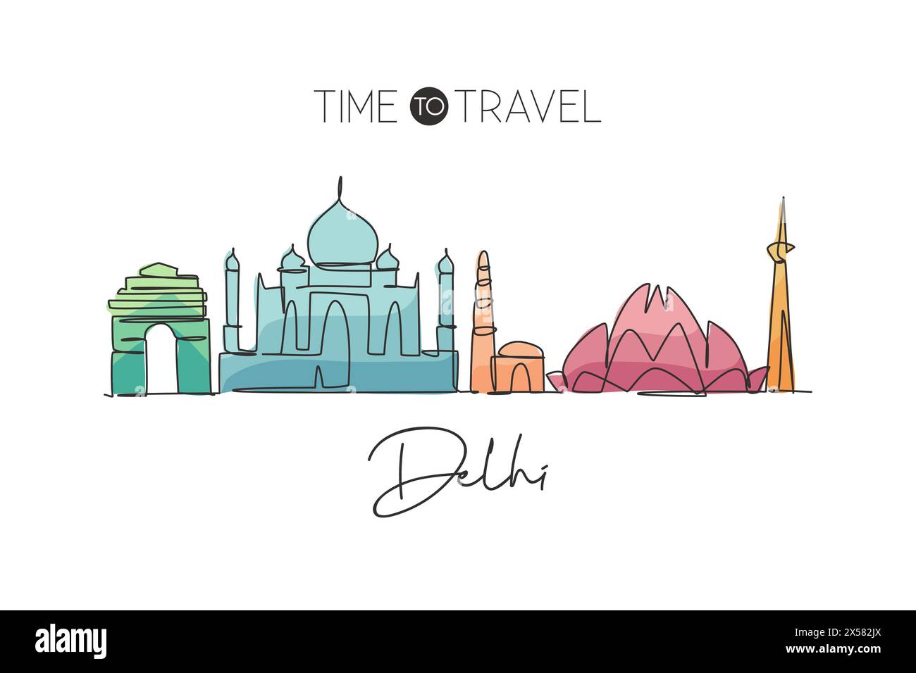 Single continuous line drawing of Delhi skyline, India. Famous city ...
