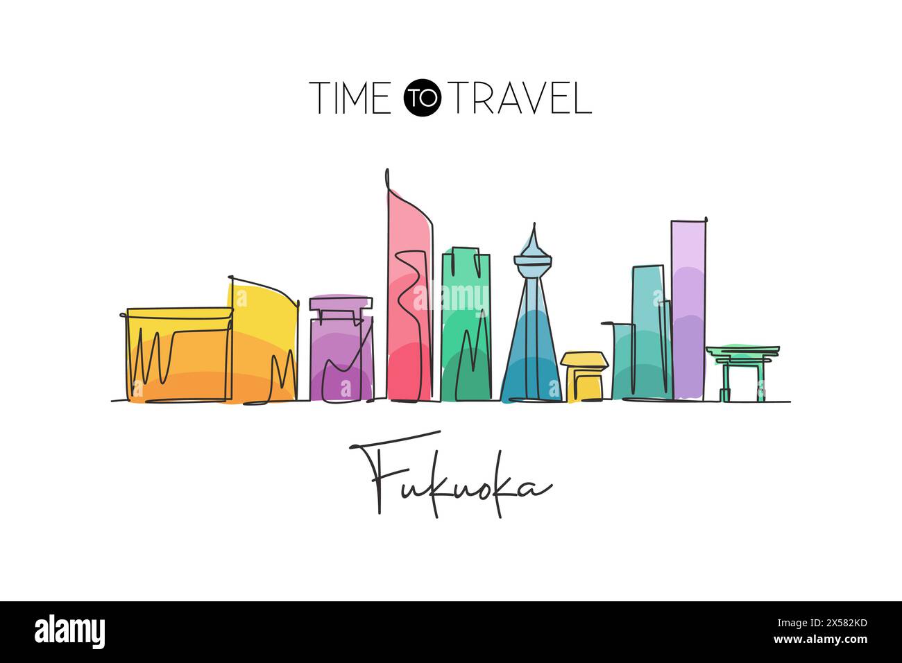 Single continuous line drawing of Fukuoka city skyline, Japan. Famous ...