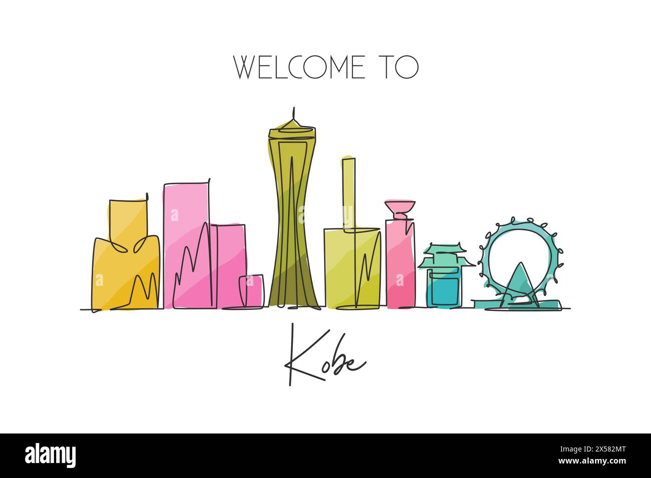 One single line drawing of Kobe city skyline, Japan. Historical town ...