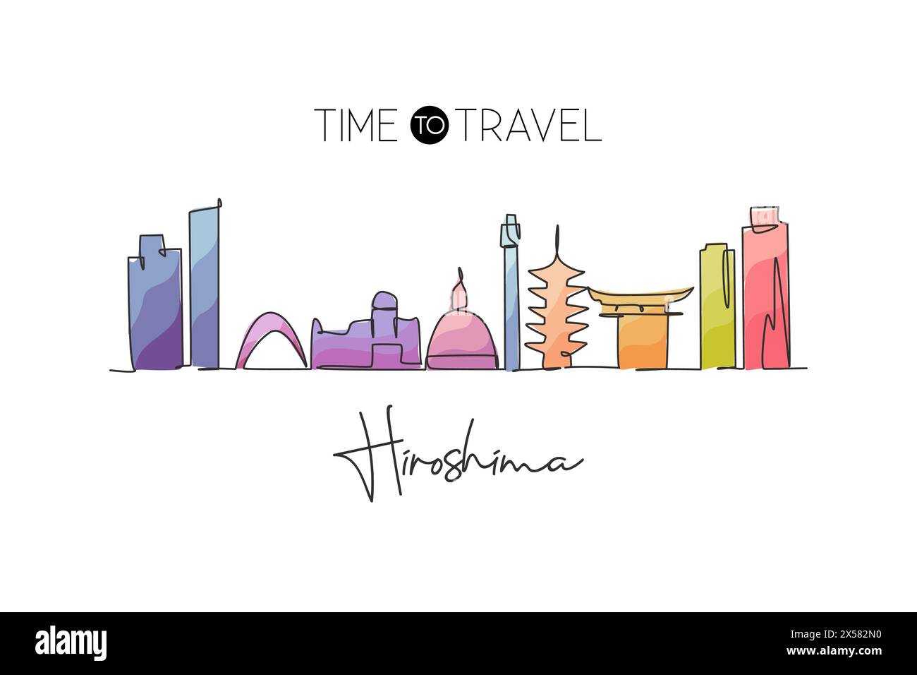 One single line drawing of Hiroshima city skyline, Japan. Historical ...