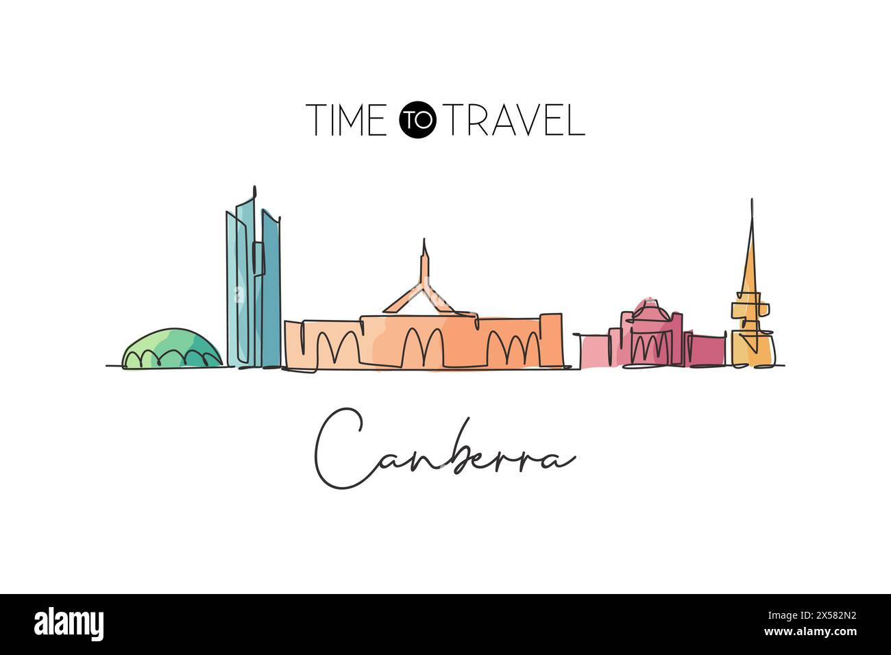 One continuous line drawing of Canberra city skyline, Australia ...