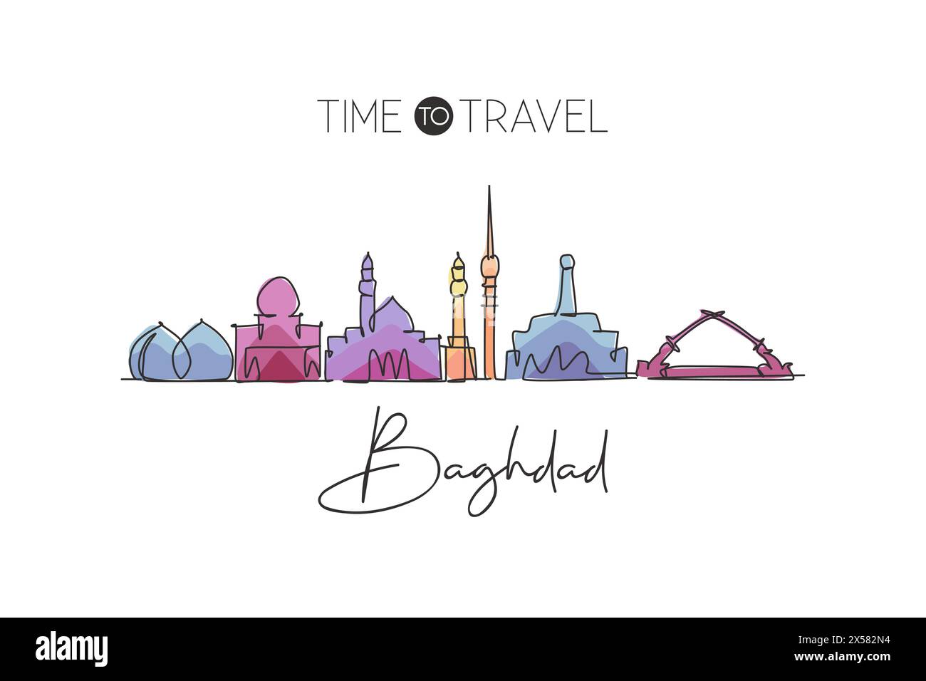 One continuous line drawing of Baghdad city skyline, Iraq. Beautiful ...