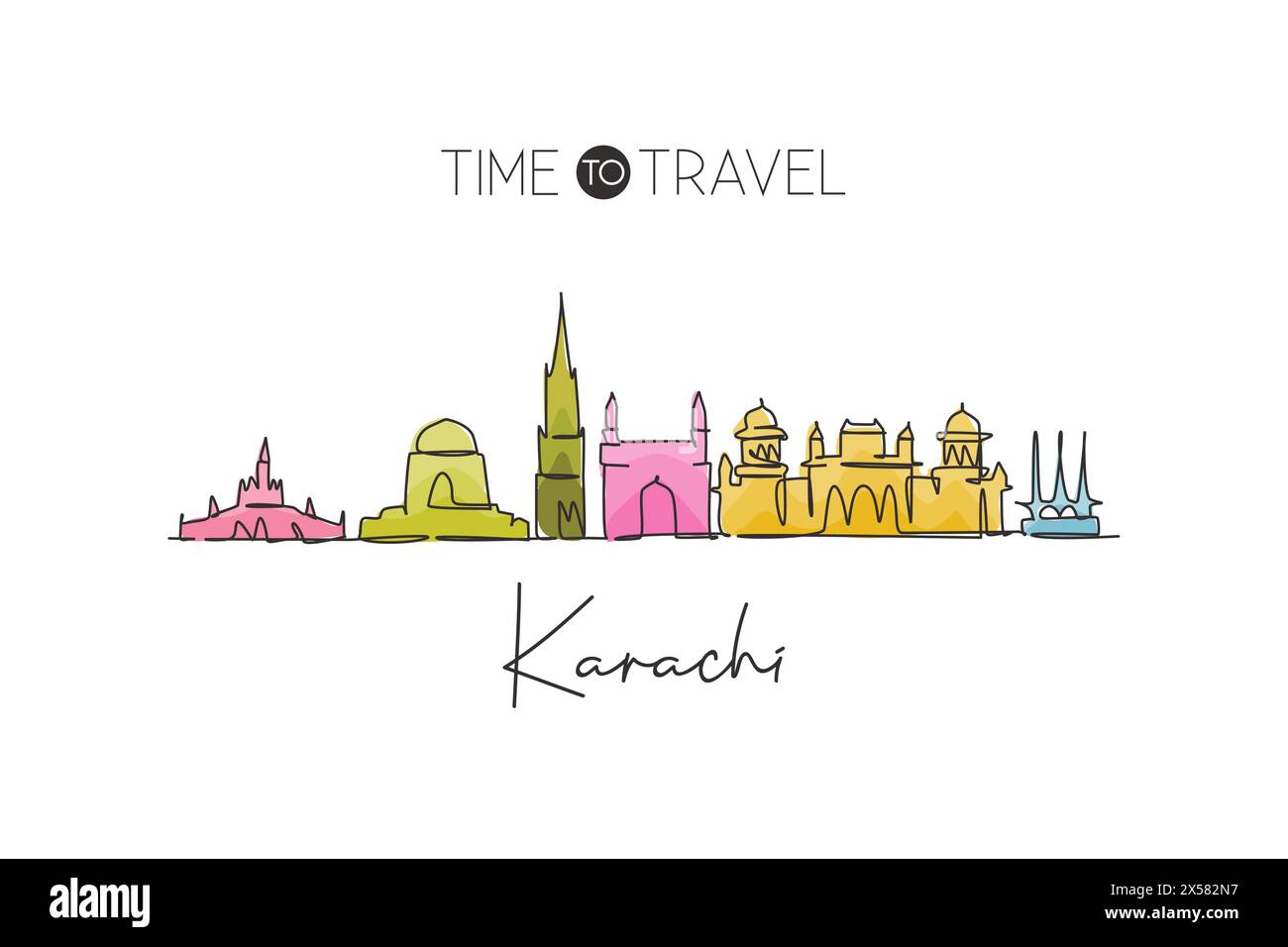 Single continuous line drawing Karachi city skyline, Pakistan. Famous ...