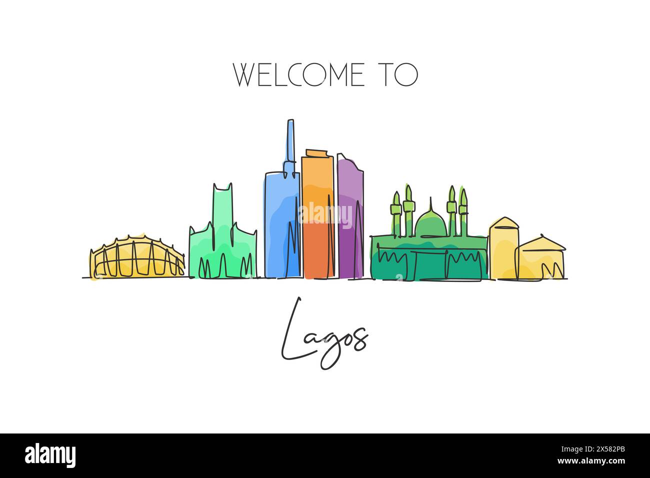 One single line drawing of Lagos city skyline, Nigeria. Historical town ...