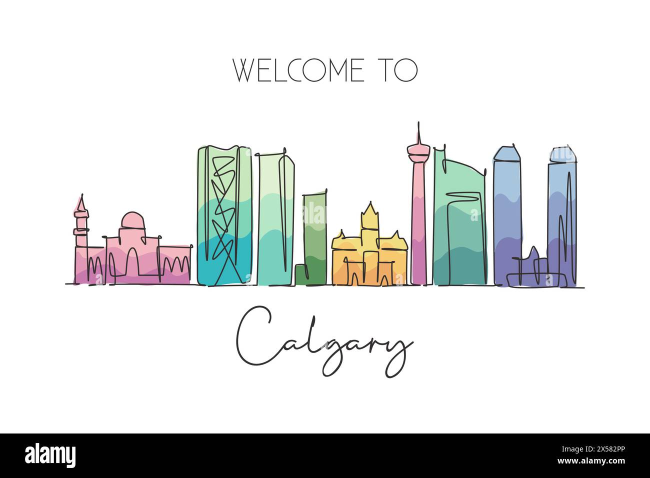 One single line drawing Calgary city skyline, Canada. World historical ...