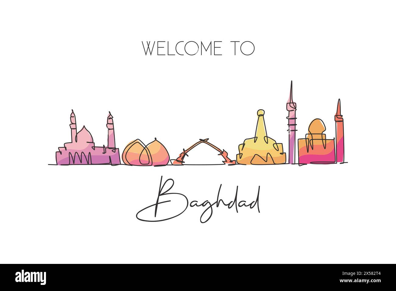 Single continuous line drawing of Baghdad city skyline, Iraq. Famous ...