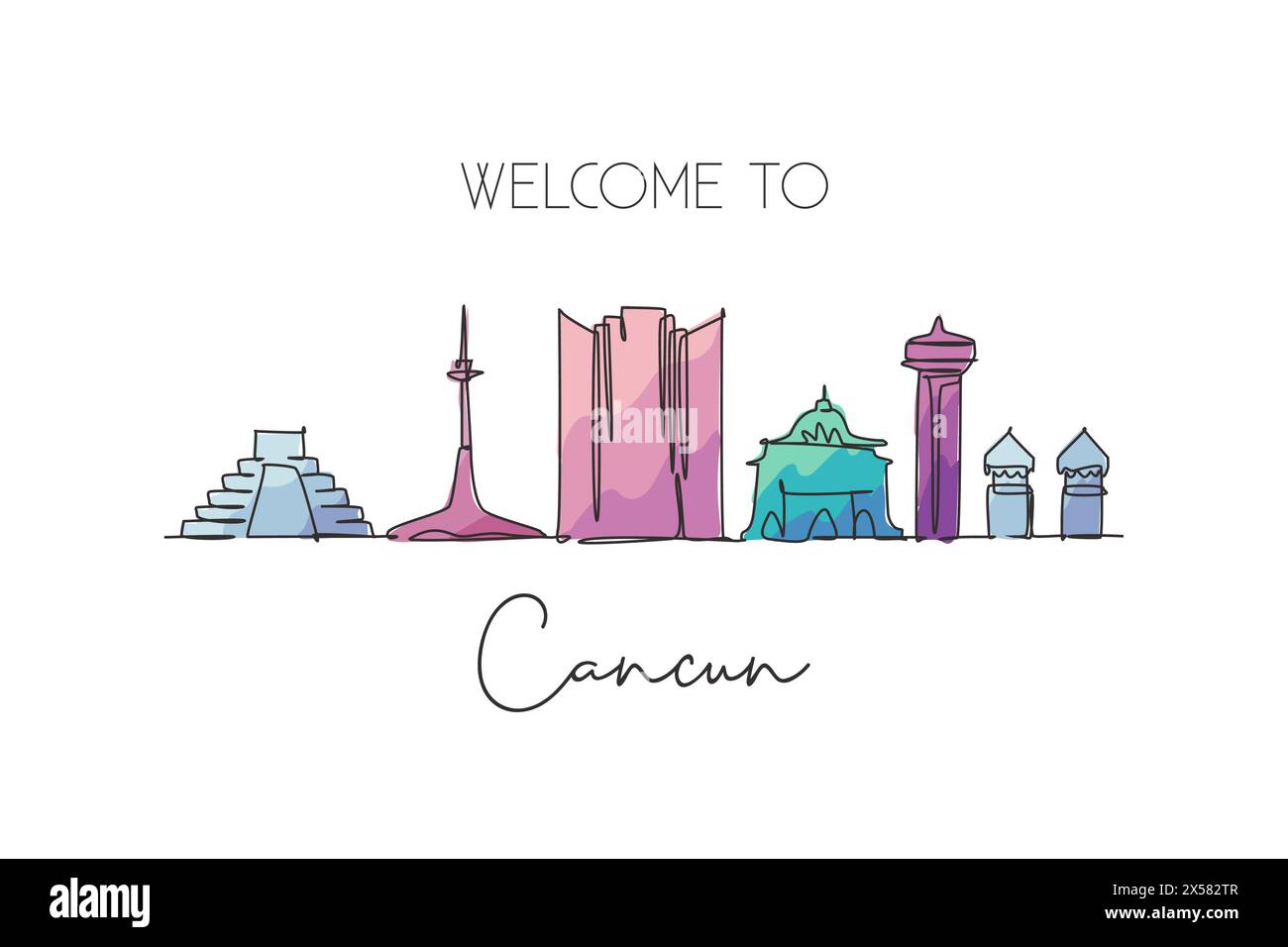 One continuous line drawing Cancun city skyline, Mexico. Beautiful ...