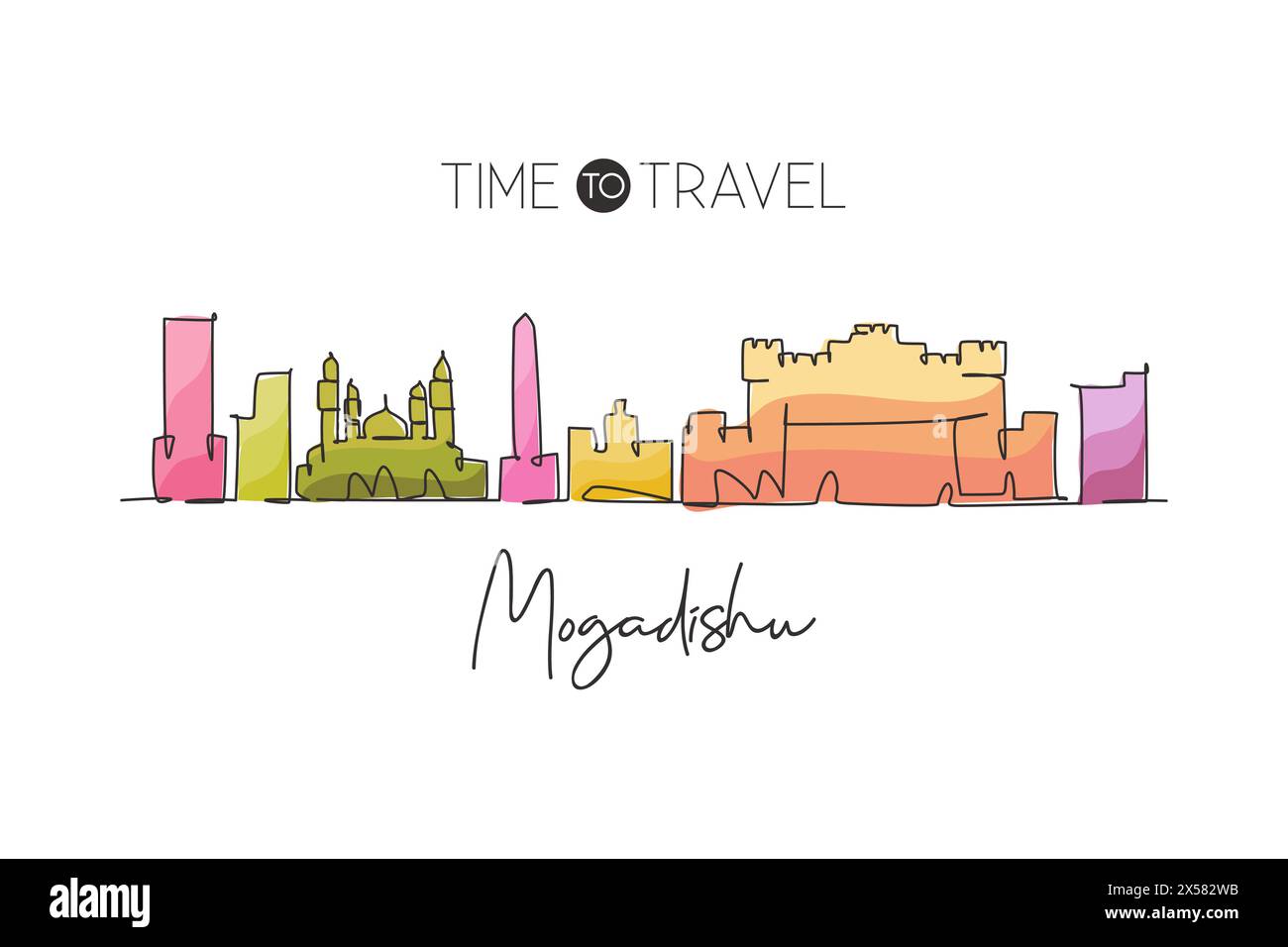 Single continuous line drawing of Mogadishu city skyline, Somalia ...