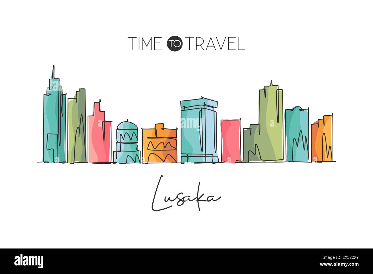 One continuous line drawing of Lusaka skyline, Zambia. Beautiful city ...