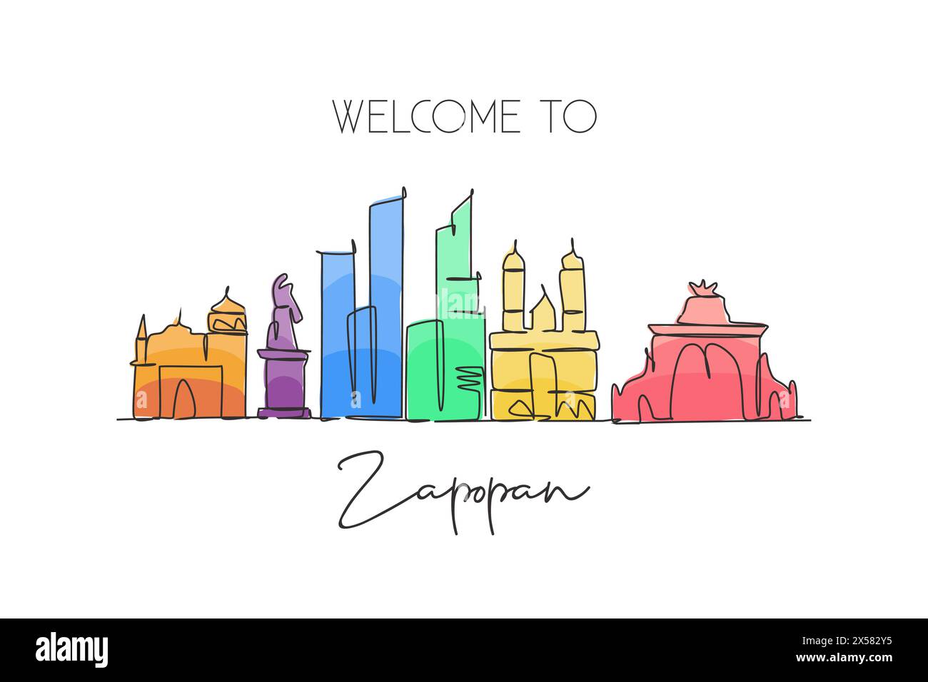 One continuous line drawing Zapopan city skyline Mexico. Beautiful ...