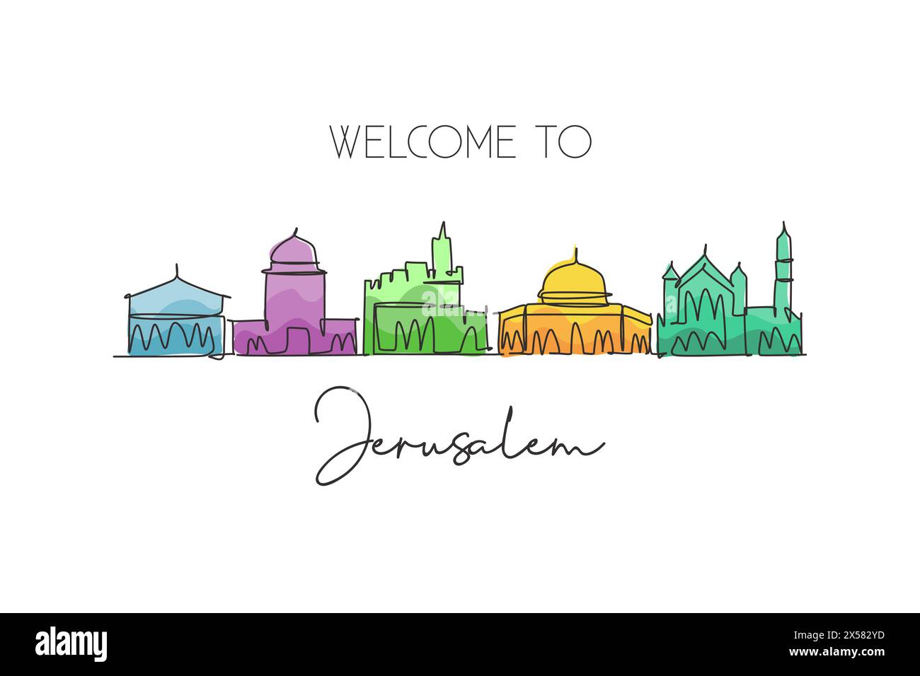 One continuous line drawing Jerusalem holy city skyline, Palestine ...