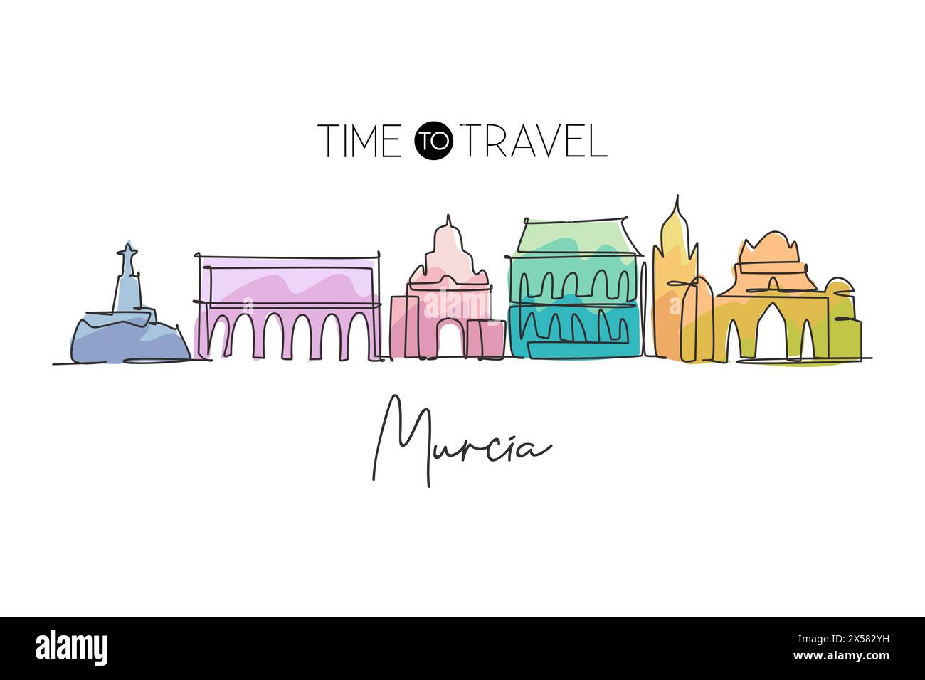 Single continuous line drawing of Murcia city skyline, Spain. Famous ...