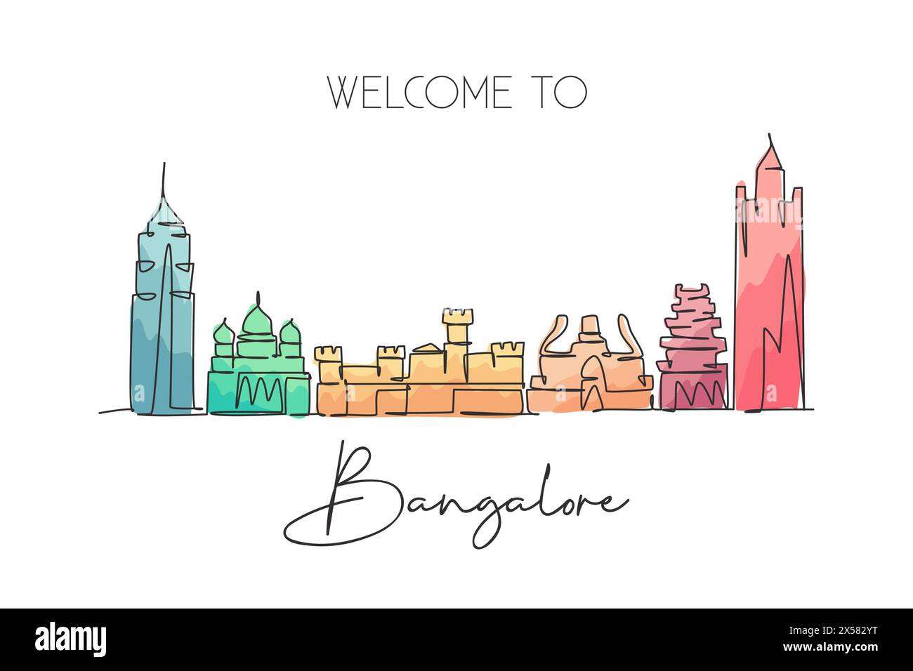 Single continuous line drawing Bangalore city skyline, India. Famous ...