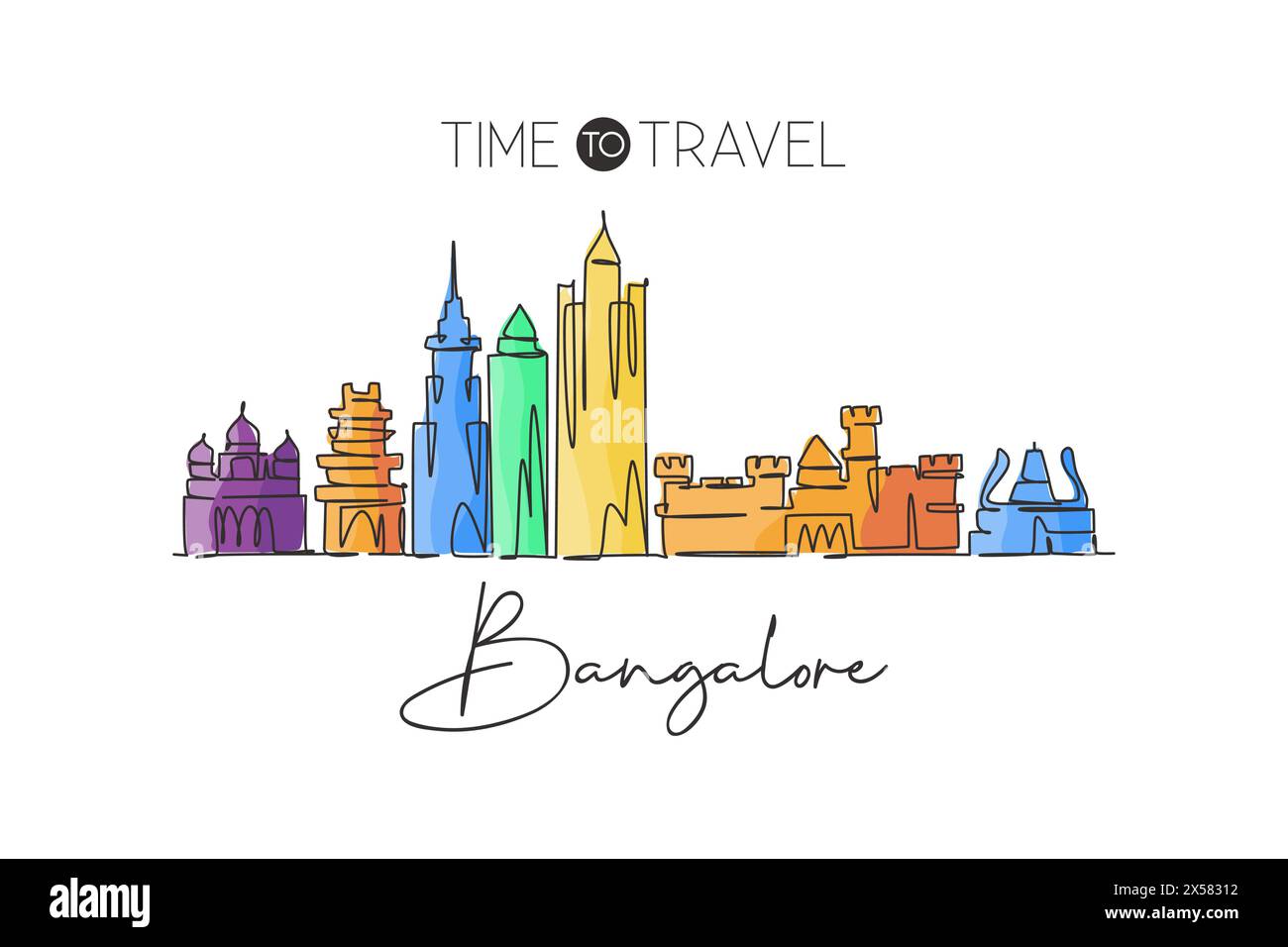One single line drawing of Bangalore city skyline, India. Historical ...