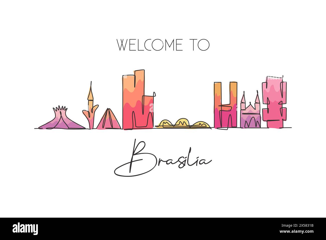 One continuous line drawing of Brasilia city skyline, Brazil. Beautiful ...