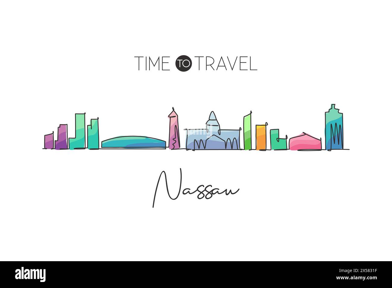 Single continuous line drawing Nassau skyline Bahamas. Famous city ...