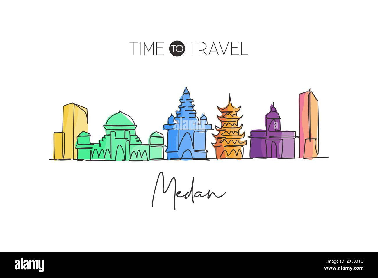 One continuous line drawing Medan city skyline Indonesia. Beautiful ...