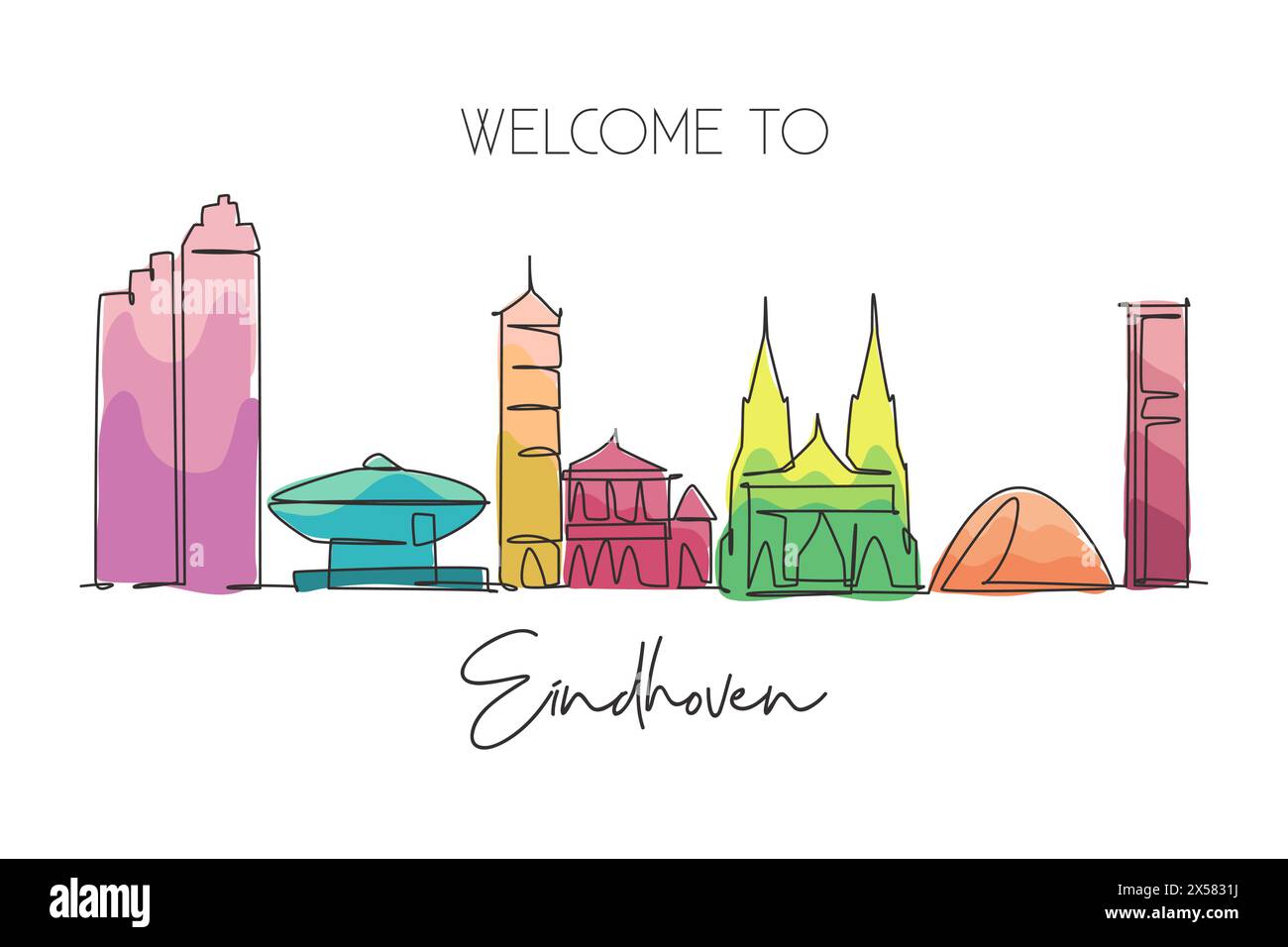 Single continuous line drawing of Eindhoven city skyline, Netherlands ...