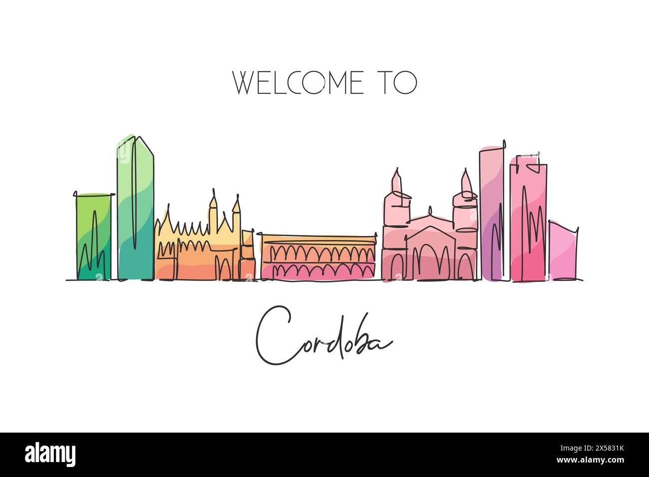 Single continuous line drawing of Cordoba city skyline, Argentina ...