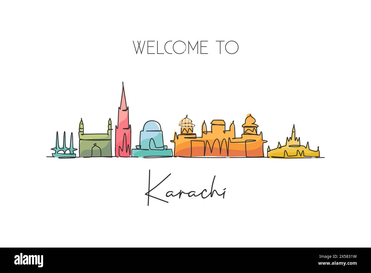 One single line drawing of Karachi city skyline, Pakistan. Historical ...