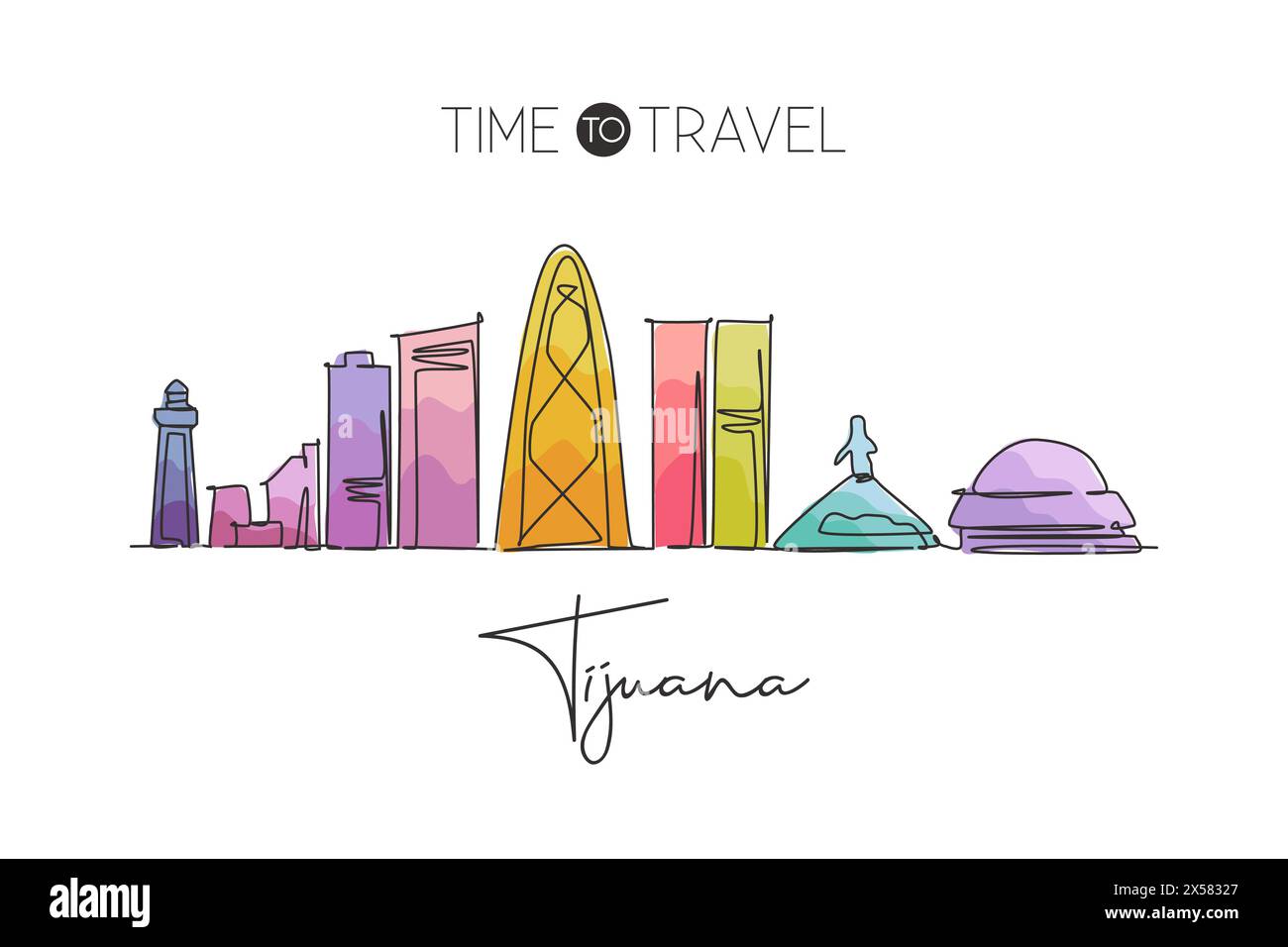 One single line drawing of Tijuana city skyline, Mexico. World town ...