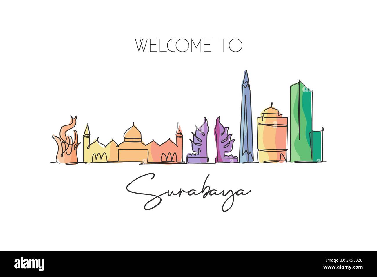 One single line drawing of Surabaya city skyline Indonesia. Historical ...