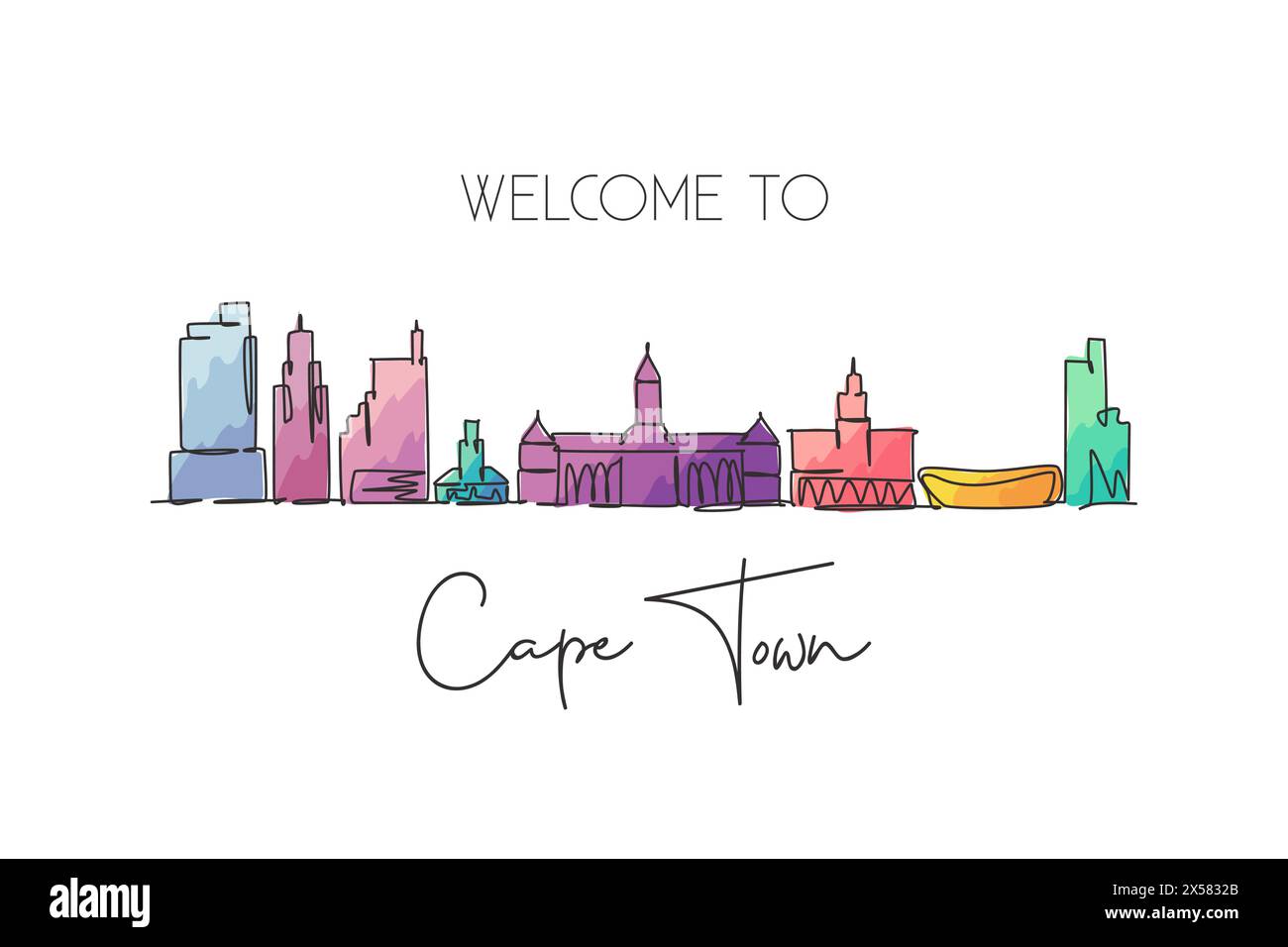Single continuous line drawing of Cape Town skyline, South Africa ...