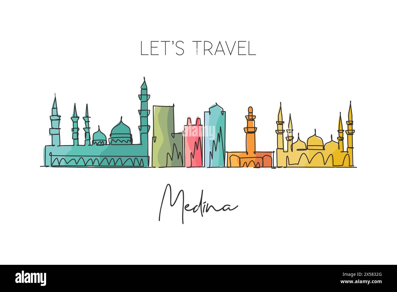 Single continuous line drawing Medina skyline Saudi Arabia. Famous city ...