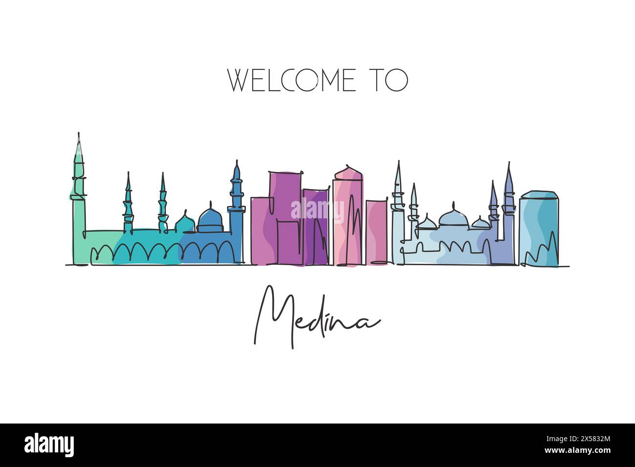 One single line drawing of Medina city skyline, Saudi Arabia. World ...