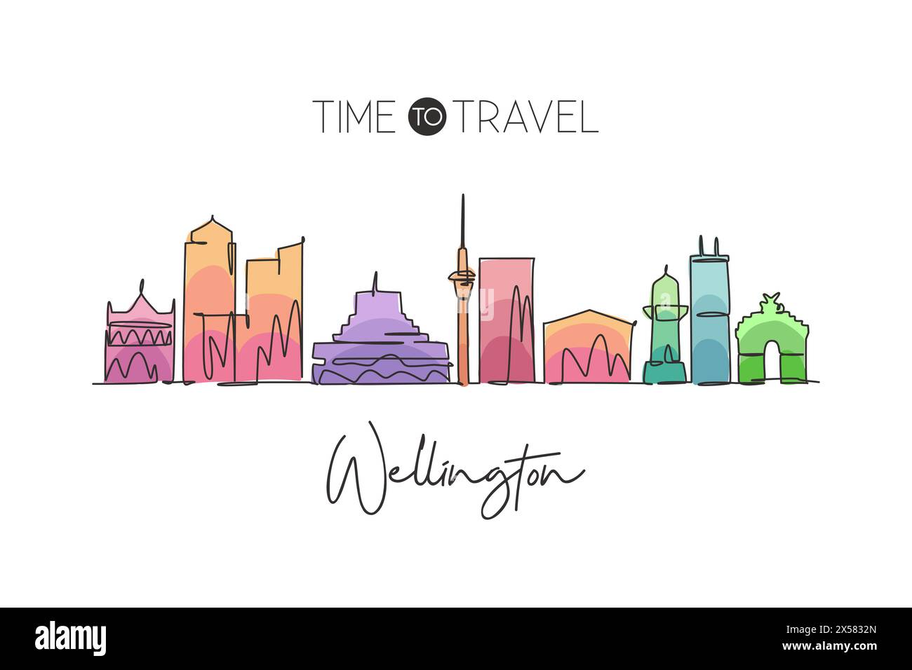 Single continuous line drawing of Wellington city skyline, New Zealand ...